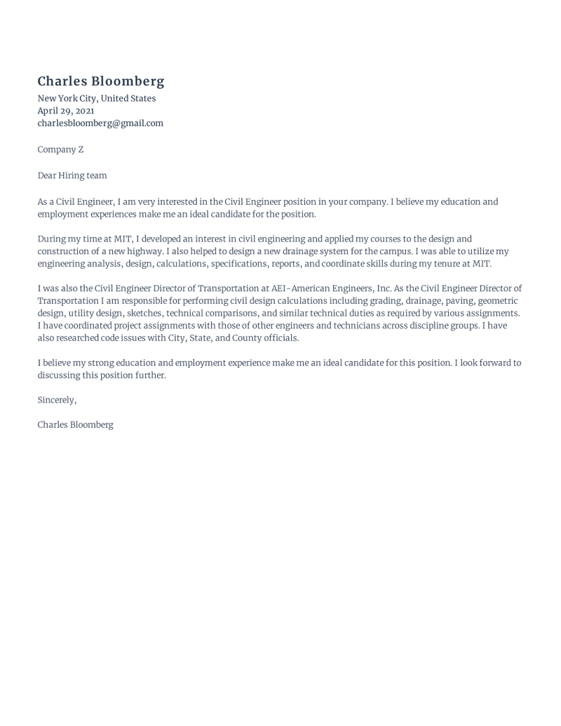 Civil Engineering Cover Letter Entry Level